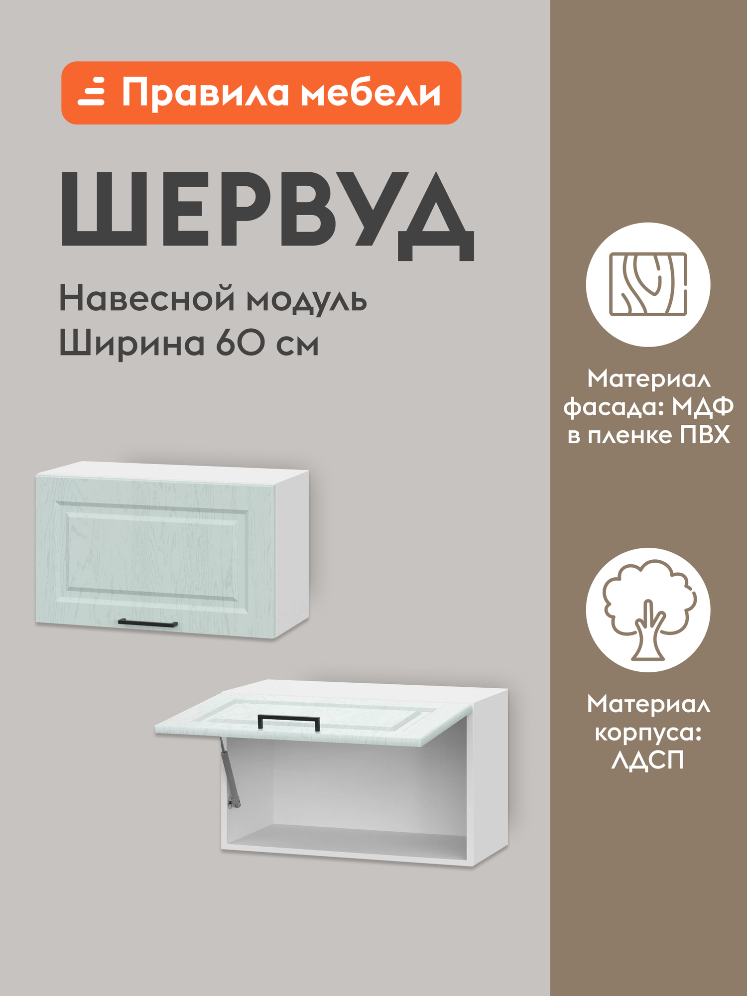 Кухонный модуль навесной, шкаф Шервуд с полками, 60х29.6х36 см, Белый / Деним голубой