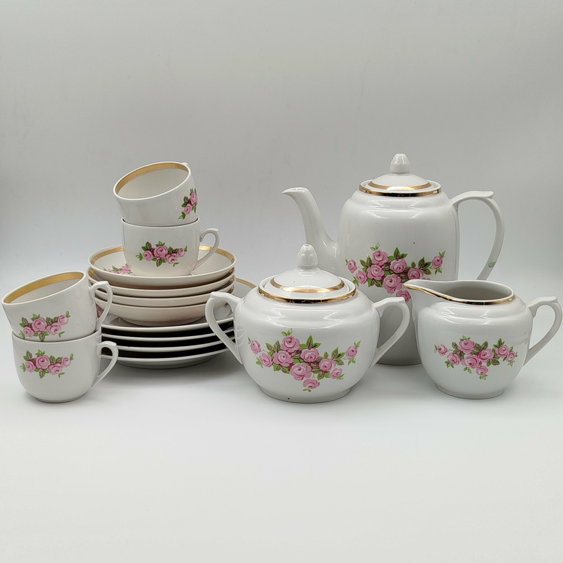 Сервиз кофейный с цветочным декором на 4 персоны (15 предметов), фарфор, деколь
