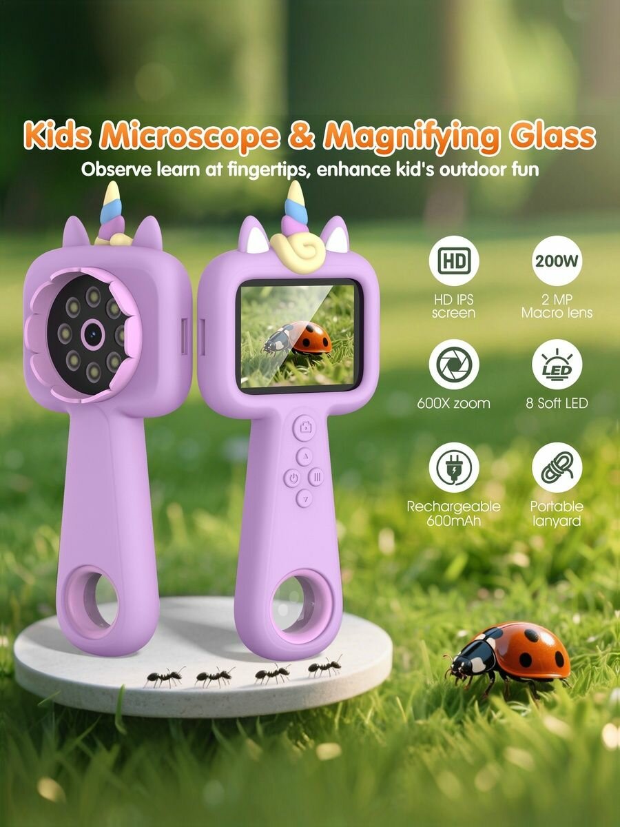 Детский микроскоп с экраном 2.4 дюйма, 600x, 200 пикселей, 8 LED подсветкой, портативный цифровой микроскоп для детей, мальчиков и девочек (фиолетовый)