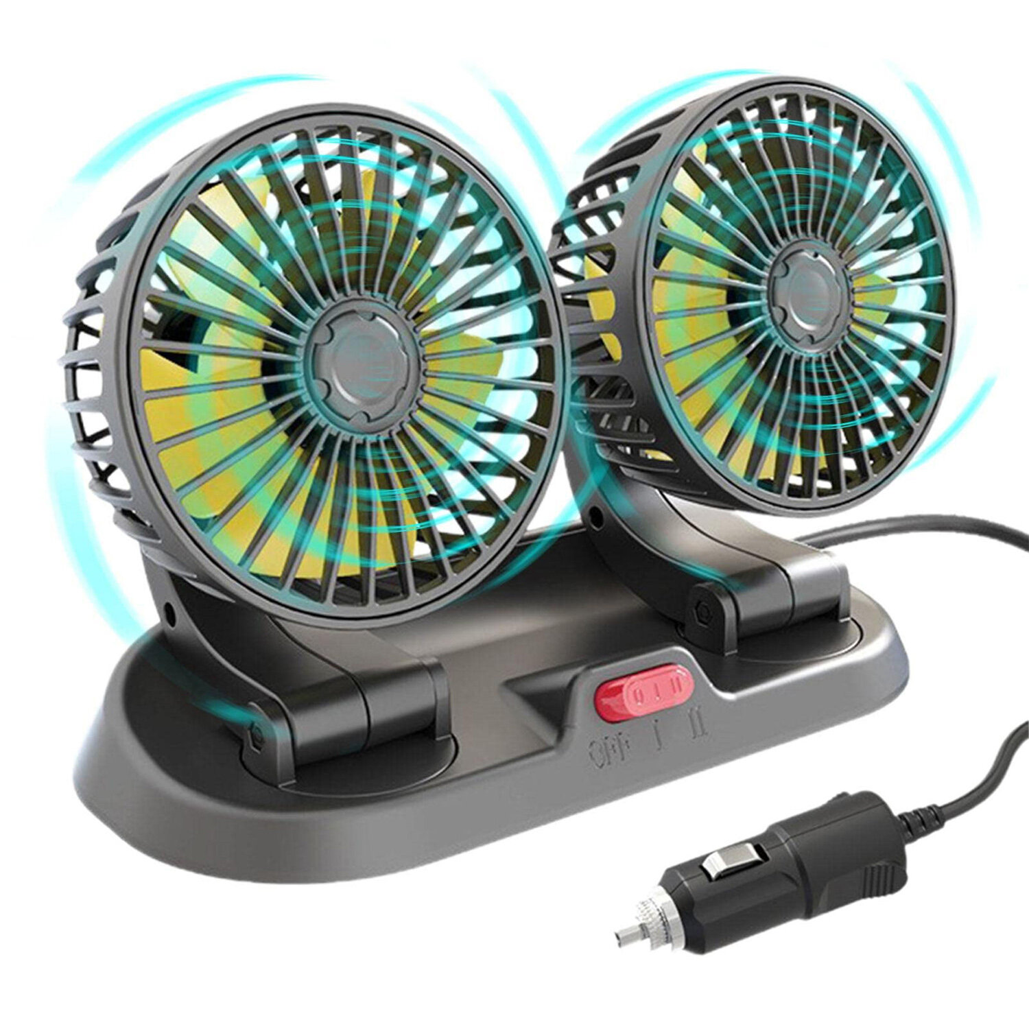 12V/24V автомобильный вентилятор для панели приборов, двухголовочный автомобильный вентилятор для охлаждения - регулируемый вентилятор для грузовиков, 360° вращающийся охлаждающий вентилятор, подходит для детей, лодок, грузовиков, путешествий,