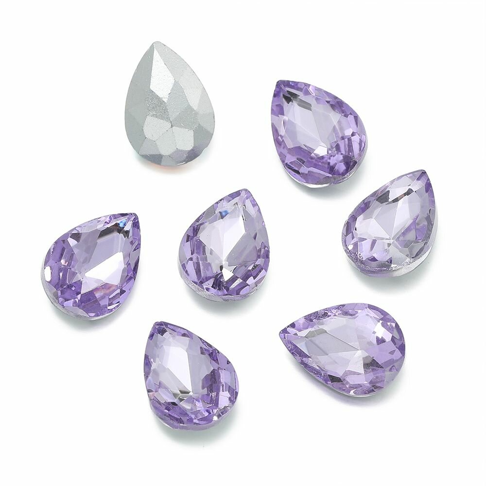 Декоративные стеклянные кристаллы капля 14х10 мм, светло-фиолетовые бусины для рукоделия, бижутерии и декора, 10 шт в упаковке