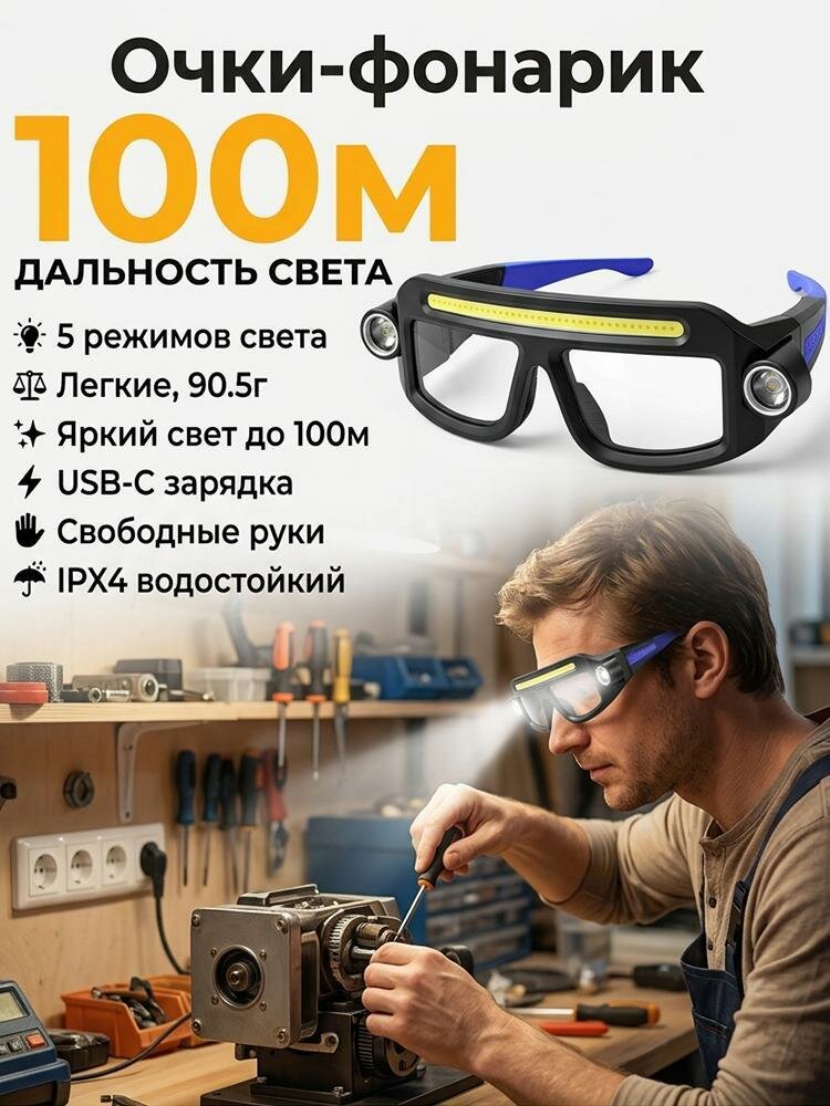 Многофункциональный портативный фонарик для очков, зарядка через TYPE-C.