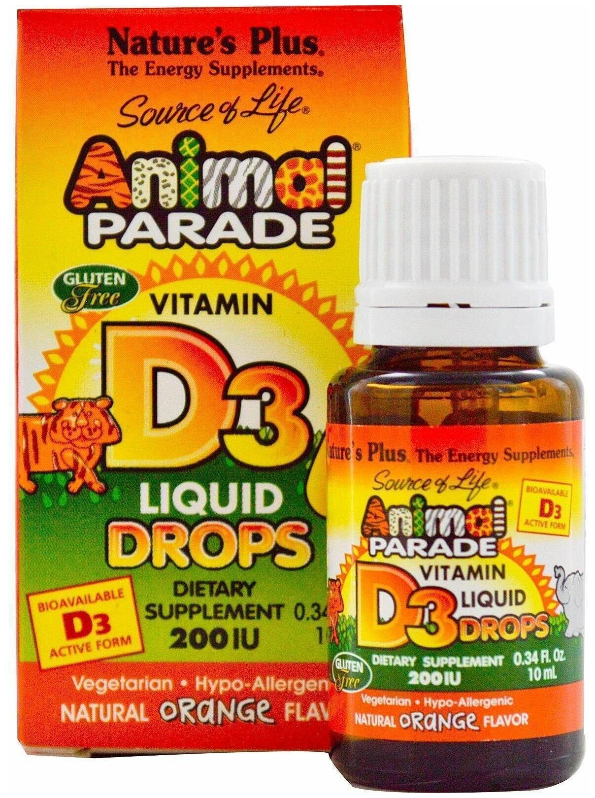 Nature's Plus, Animal Parade, витамин D3, жидкие капли, натуральный апельсиновый вкус, 400 МЕ, 10 мл
