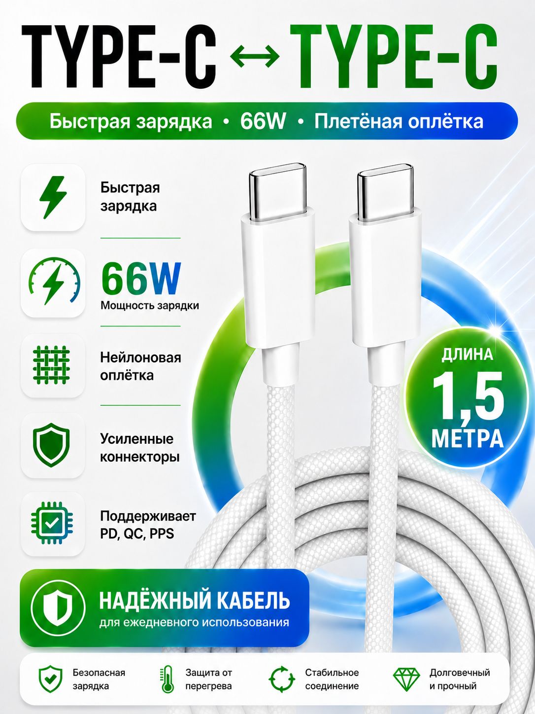 Кабель Type C - Type C 1,5м белый