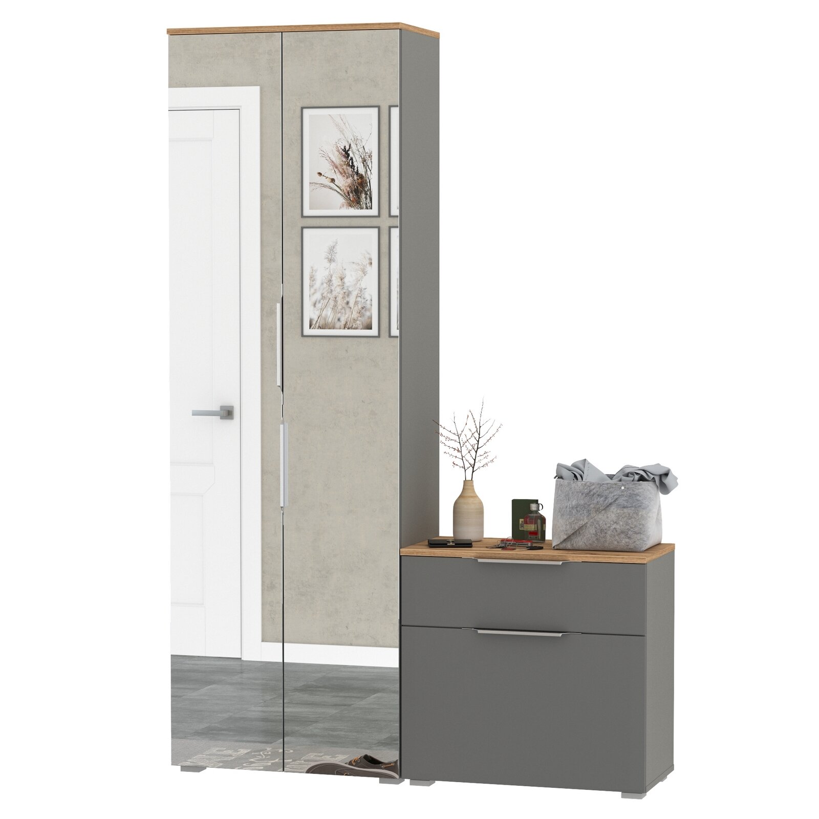 Шкаф для одежды с зеркальными дверками и обувница Моби Октава серый/дуб крафт золотой