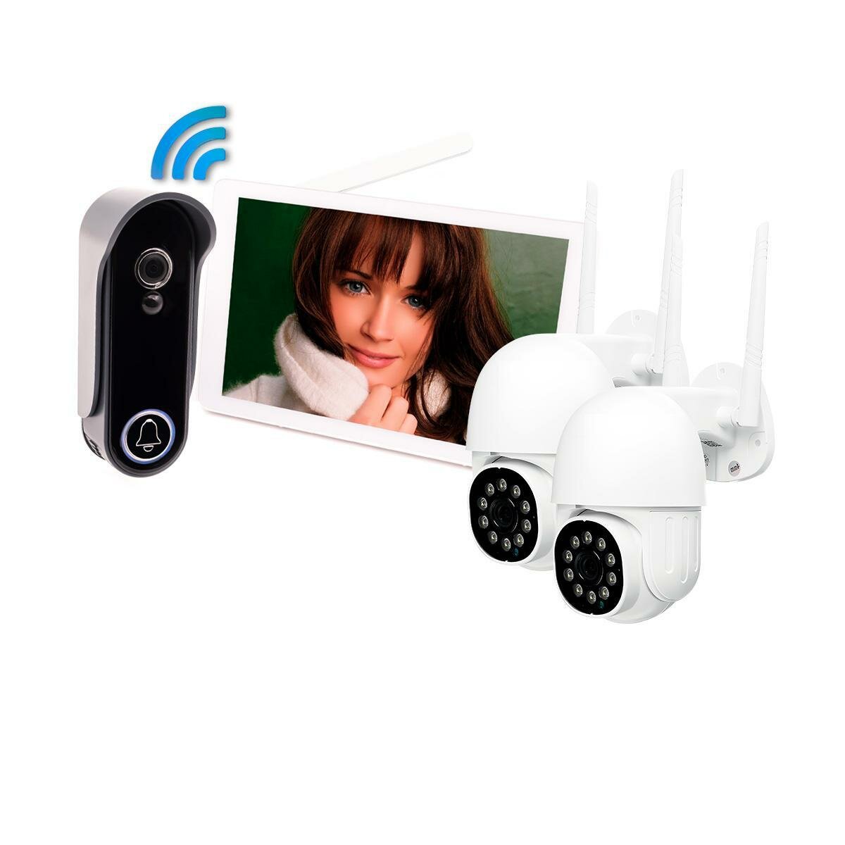 Комплект Wi-Fi видеодомофон TUYA с аккумулятором + ДВЕ уличные 5mp поворотные WiFi IP камеры наблюдения SkyNet (1+2)-1100-Tuya-HD (Q25195SKY) и бесп