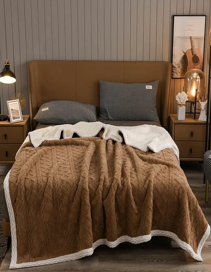 Плед 200*230 Евро, Плед Овечка плюшевый теплый двусторонний, Покрывало на кровать, светло-коричневый