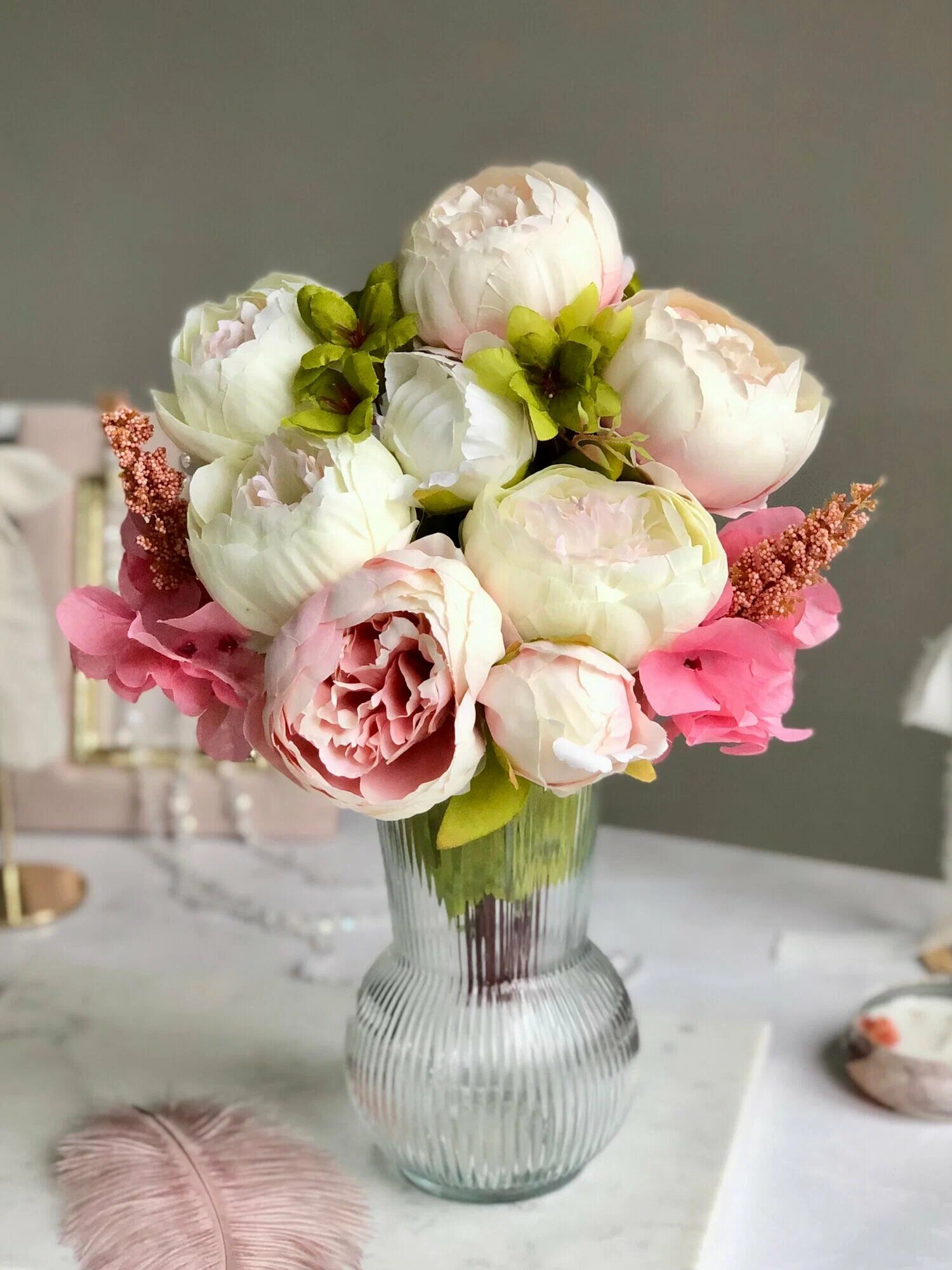 Искусственные цветы 45см, пионы, для декора, декоративный букет, нежно-розовые