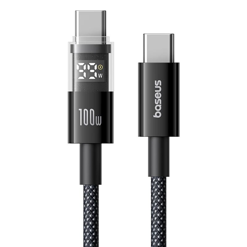 Кабель Baseus USB C 100 Вт для iPhone 17 16 15 Pro Max со светодиодным дисплеем USB-кабель типа C для Macbook pro, провод для быстрой зарядки для Xiaomi