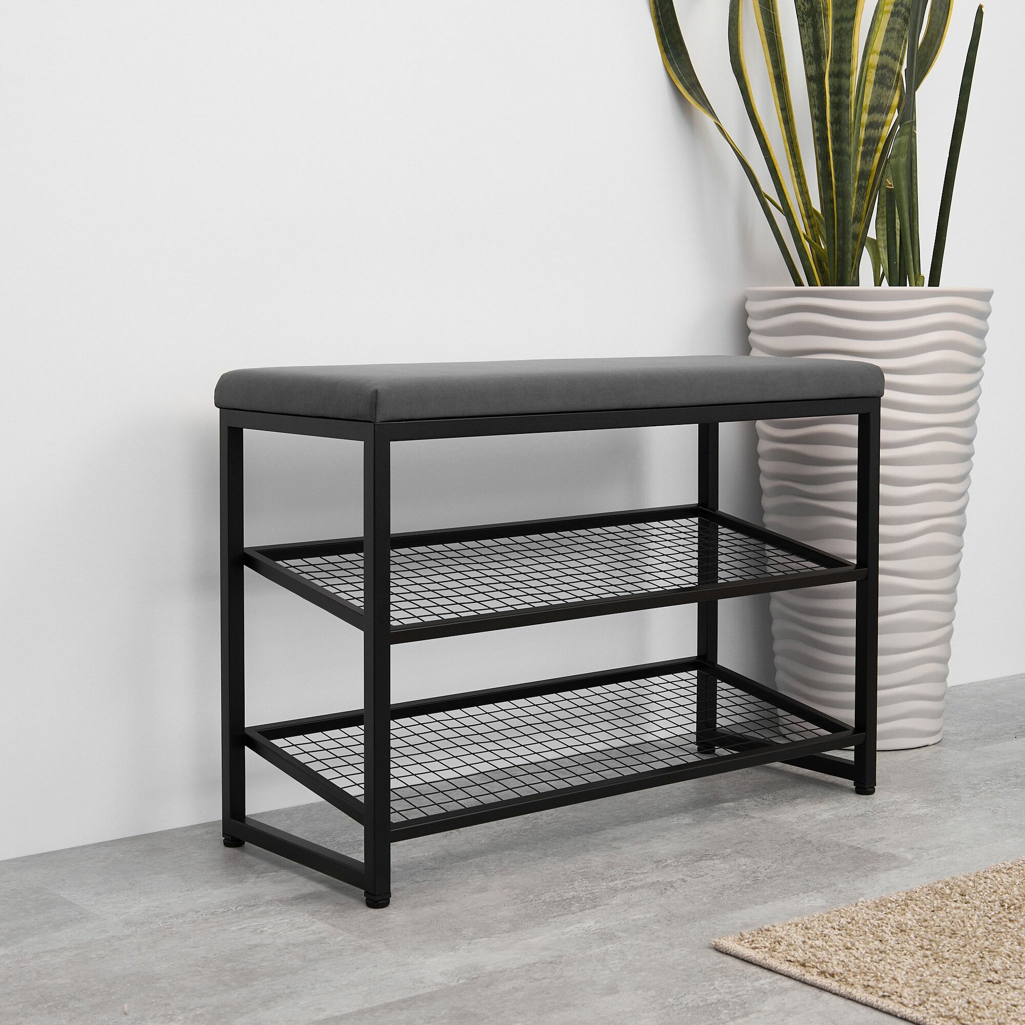 Обувница с мягким сиденьем "Энни" / 75х30х52см / черный каркас - графит велюр