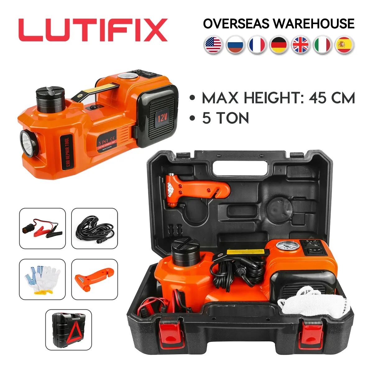 Электрический автомобильный кран LUTIFIX 12V 5T 45см 3 в 1 Электрогидравлический подвесной кран с роликами Нагнетатель для шины Фонарик LED Безопасный молоток