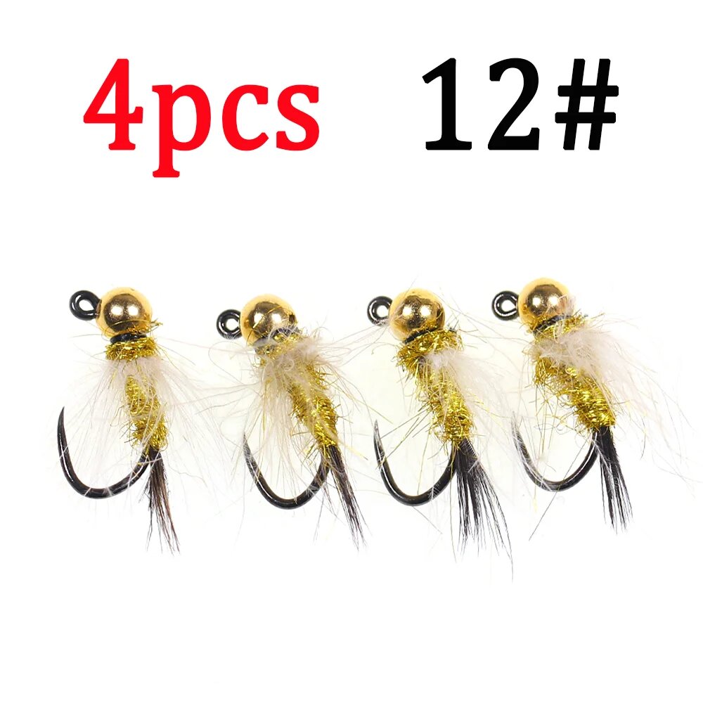 Верх 4 шт. джиг Нимфа нахлыстовая Вольфрамовая бусина CDC Hackle джиг-Крючок Рыболовные мушки быстротонущие приманки для форели приманки #12