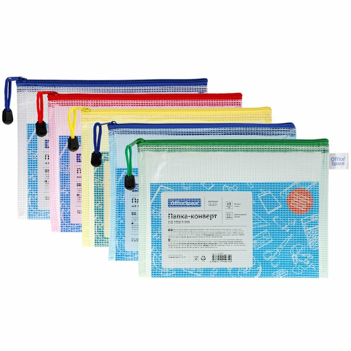 Папка-конверт на молнии OfficeSpace (А5, 250мкм, сетка, ПВХ) прозрачная (285837), 12шт.