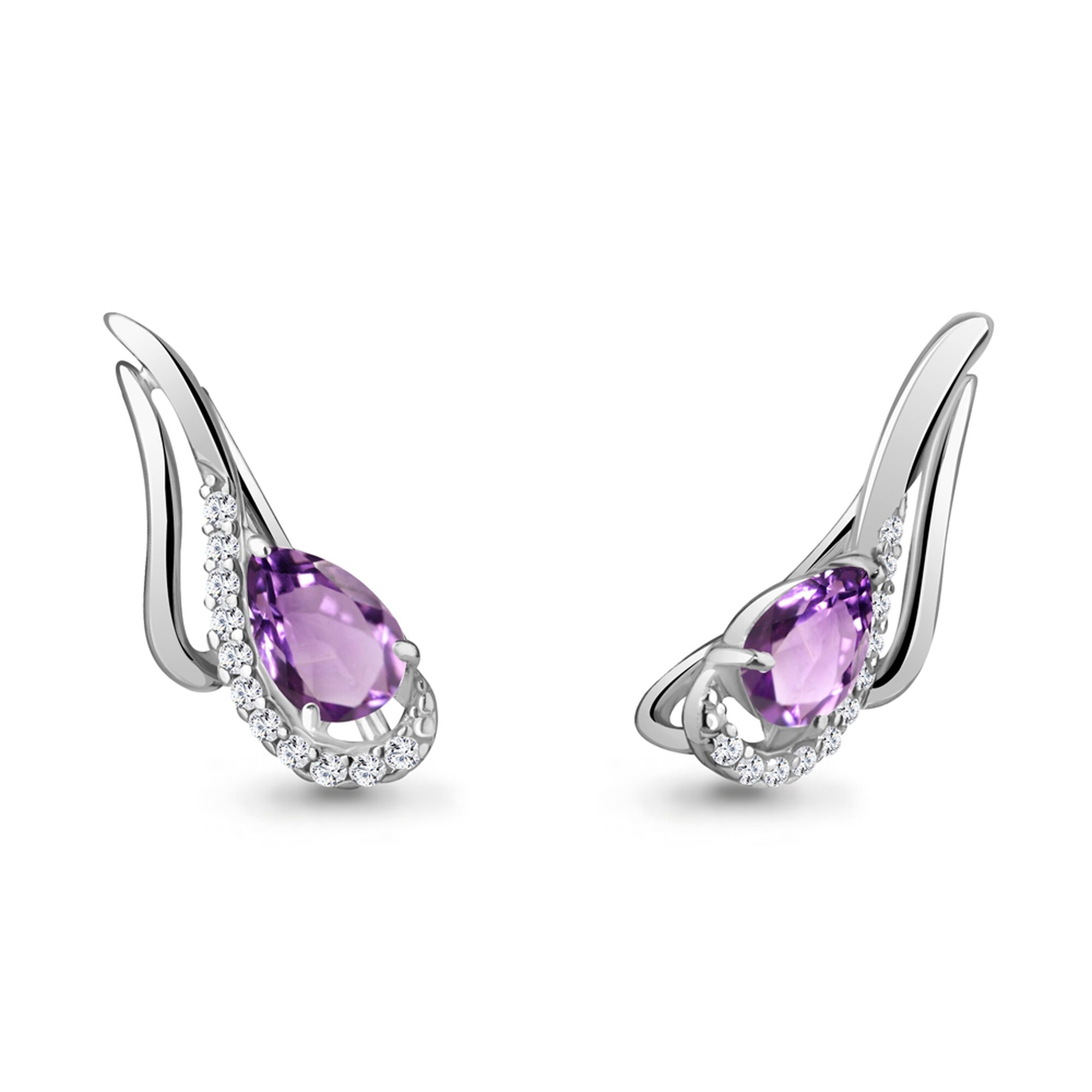 Серьги клаймберы, серебро, 925 проба, родирование, фианит, аметист