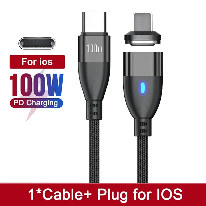 Магнитный кабель 100W для iPhone, 1.8 м, черный