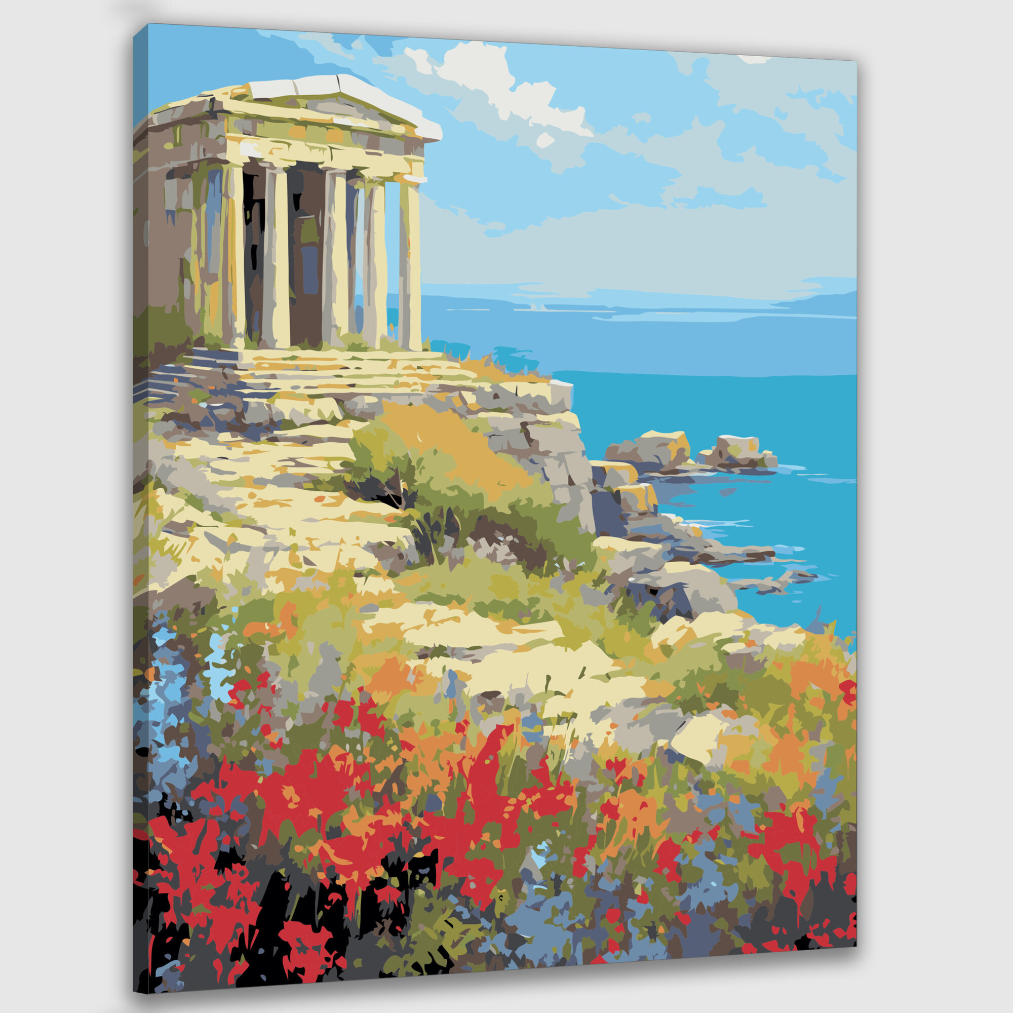 Картина по номерам 40x50 см, картина, масло, греческий храм, прибрежный пейзаж, бирюзовое море, каменный фасад, истории