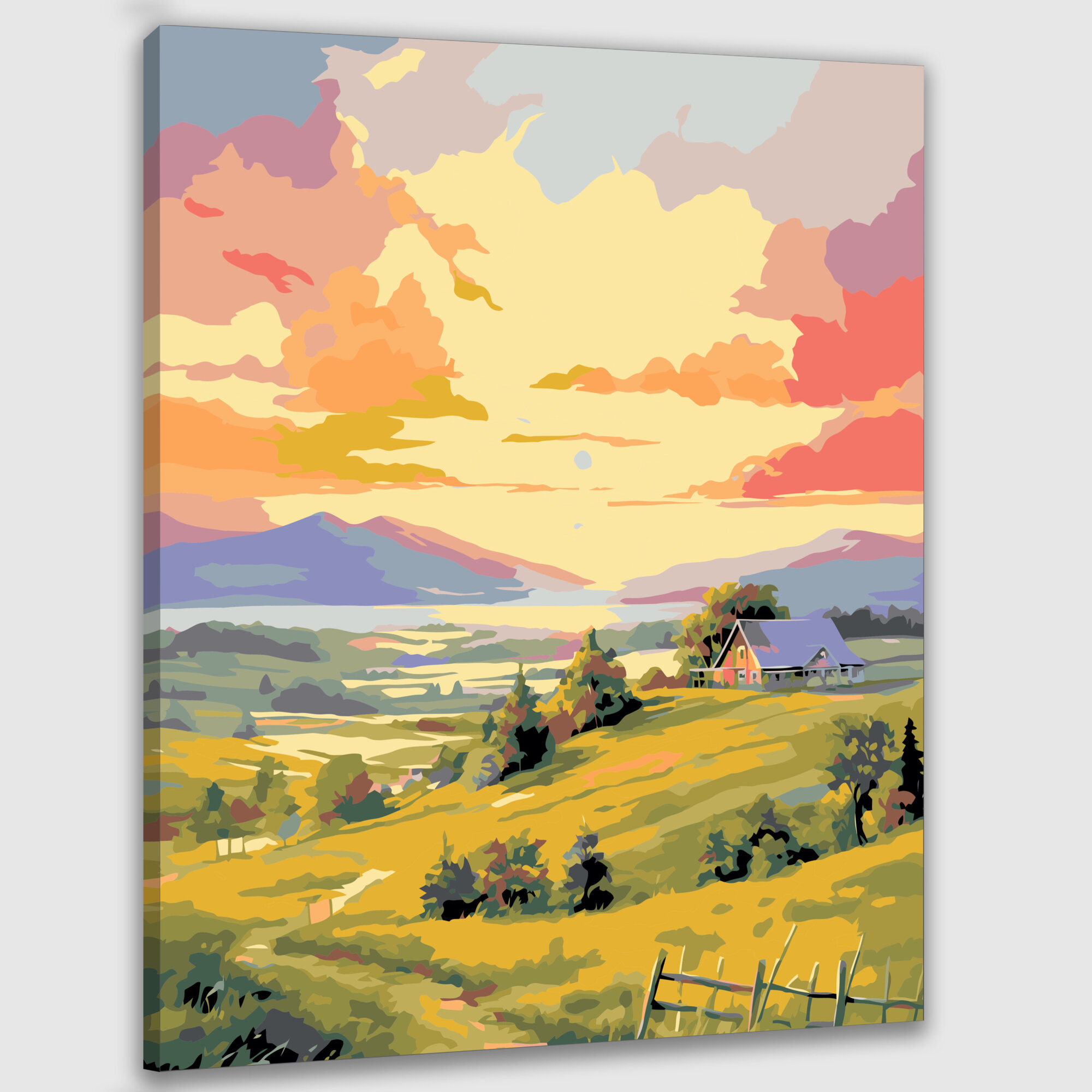 Картина по номерам 40x50 см, акварельная картина, сельский пейзаж, закат, холмы, зеленая трава, свет заходящего солнца