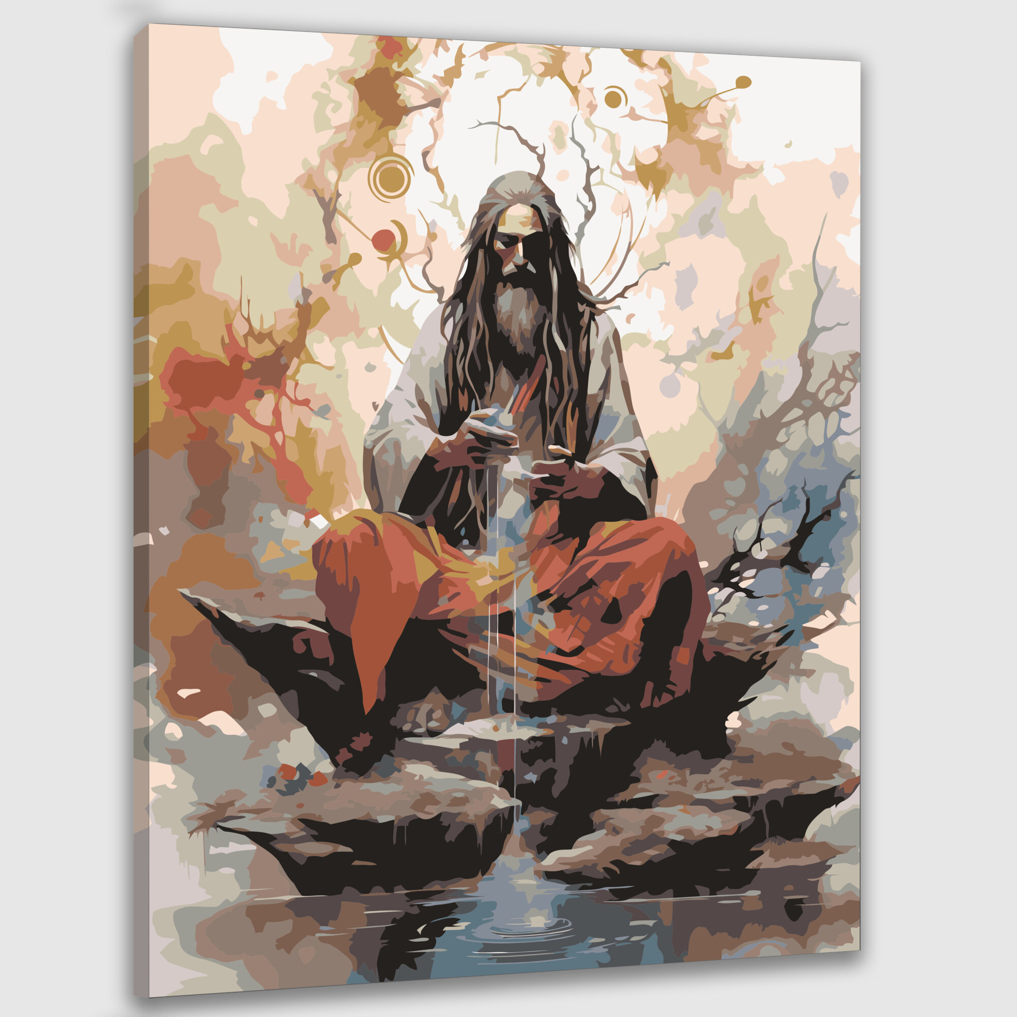 Картина по номерам 40x50 см, шаманская медитация, акварельная иллюстрация, яркие землистые тонам, плавные мазки кисти