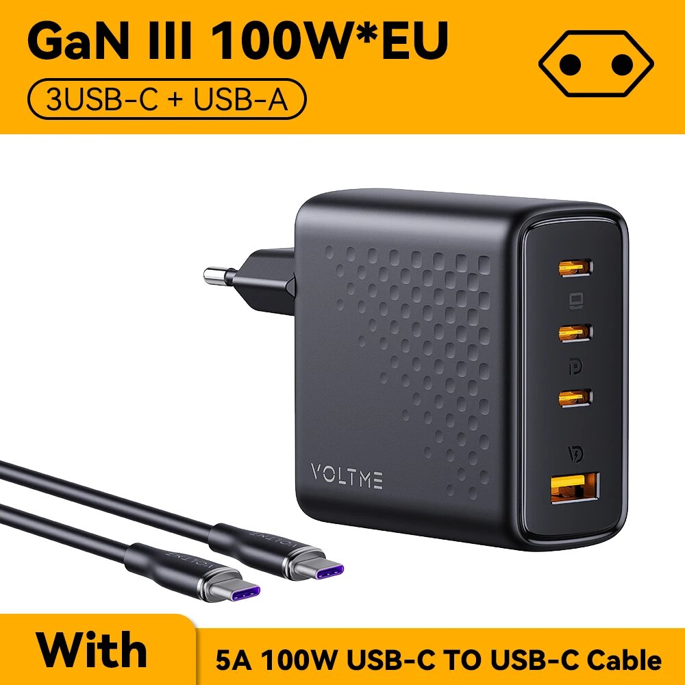 VOLTME 100 Вт Pro GaN USB-зарядное устройство PD QC, адаптер питания для быстрой зарядки планшета, быстрая зарядка для MacBook iPad iPhone 15 Galaxy S23, 100W EU Black Cable