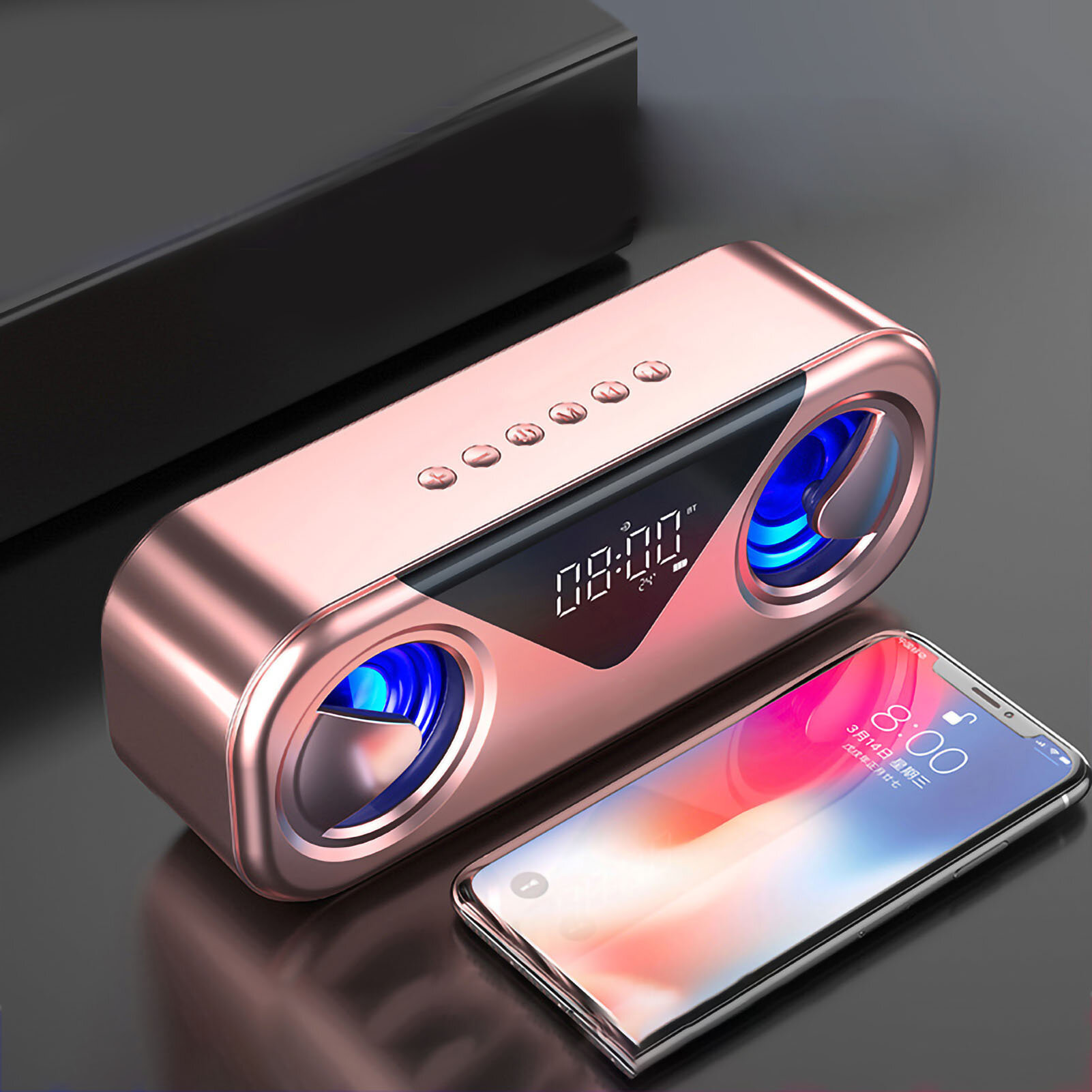 H9 Bluetooth-динамик, двойной динамик, дисплей температуры, воспроизведение U-диска, беспроводной динамик с будильником для домашнего рабочего стола, розовое золото