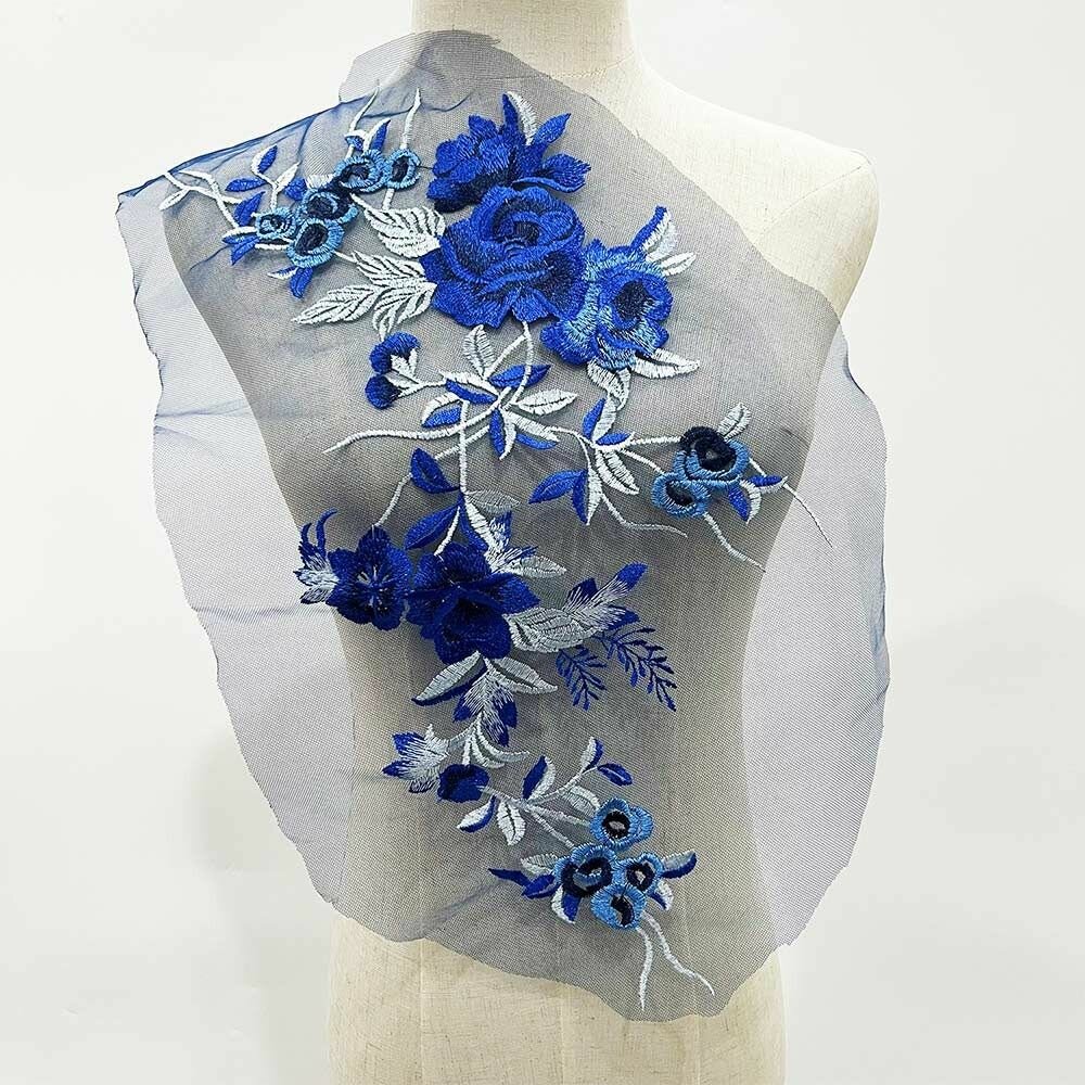 Вышитая кружевная аппликация на ткани, цветочный патч для шитья и декора, 49х21 см, красный хаки синий оранжевый зеленый серый