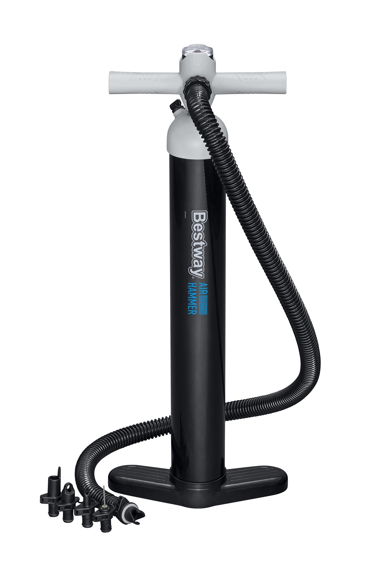 Насос ручной двухтактный Bestway с манометром и 5 адаптерами, для надувных матрасов и бассейнов, 25x10.5x65см