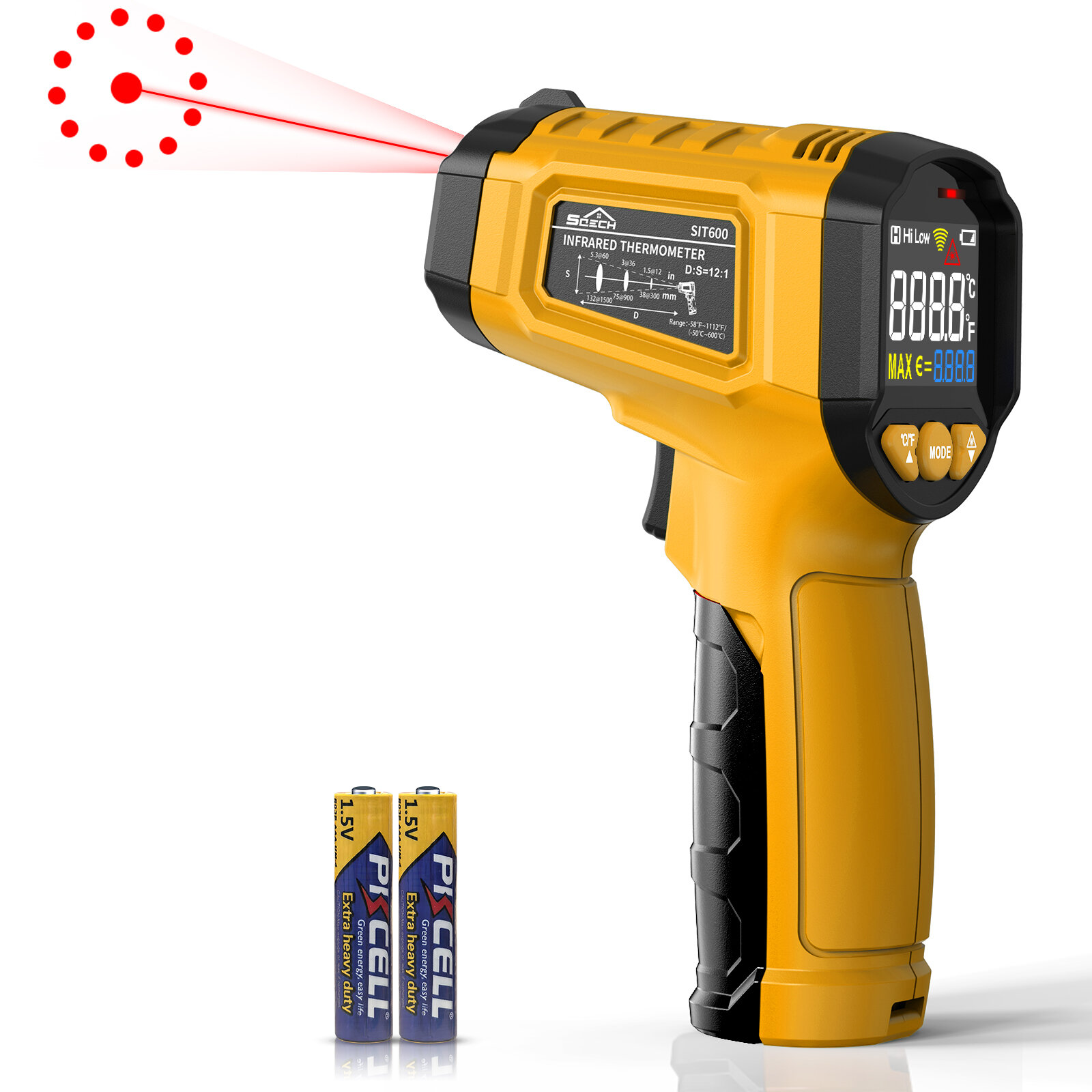 Инфракрасный термометр SQECH SIT600, -50℃～600℃，бесконтактный пирометр, регулируемая излучательная способность(желтый).