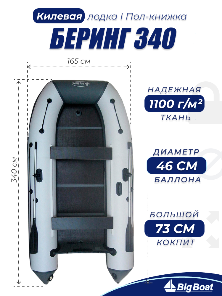 Надувная, под мотор, килевая лодка из ПВХ для рыбалки Bering (Беринг) 340К пол-книжка
