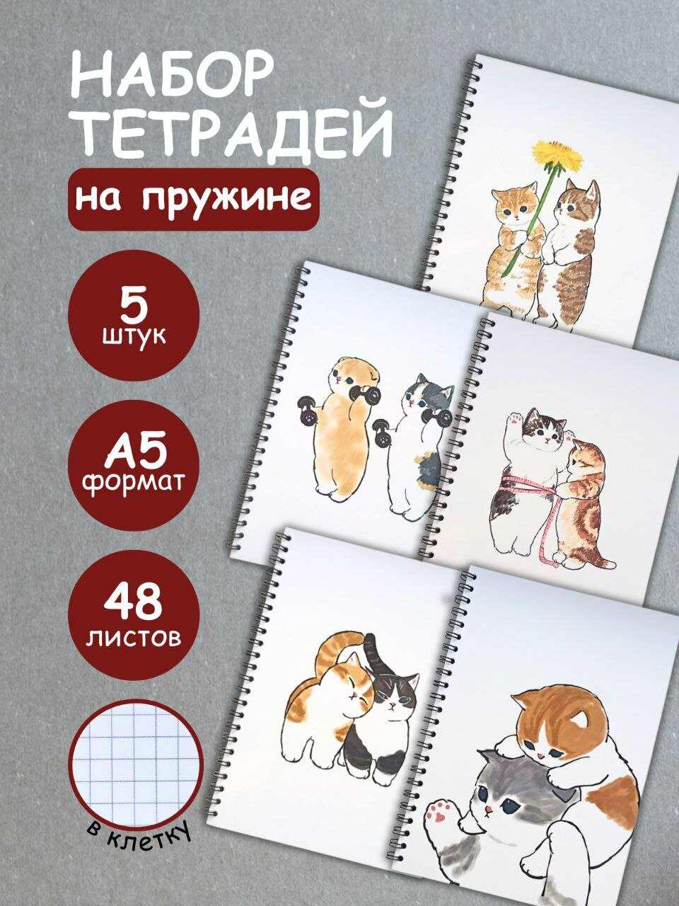 Тетради в клетку 48 листов на пружине 5 штук А5 Милые Котики