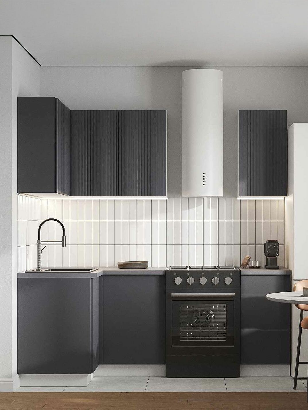 Кухонный гарнитур угловой Комби 2.1х1 м, мебель для дома и кухни, Белый / Графит