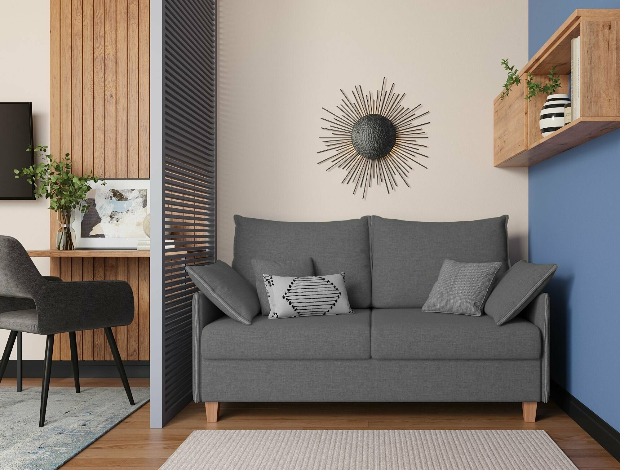 Диван кровать Ингвар мини раскладной Тик-так 152х96 Рогожка светло-серый Bingo 25