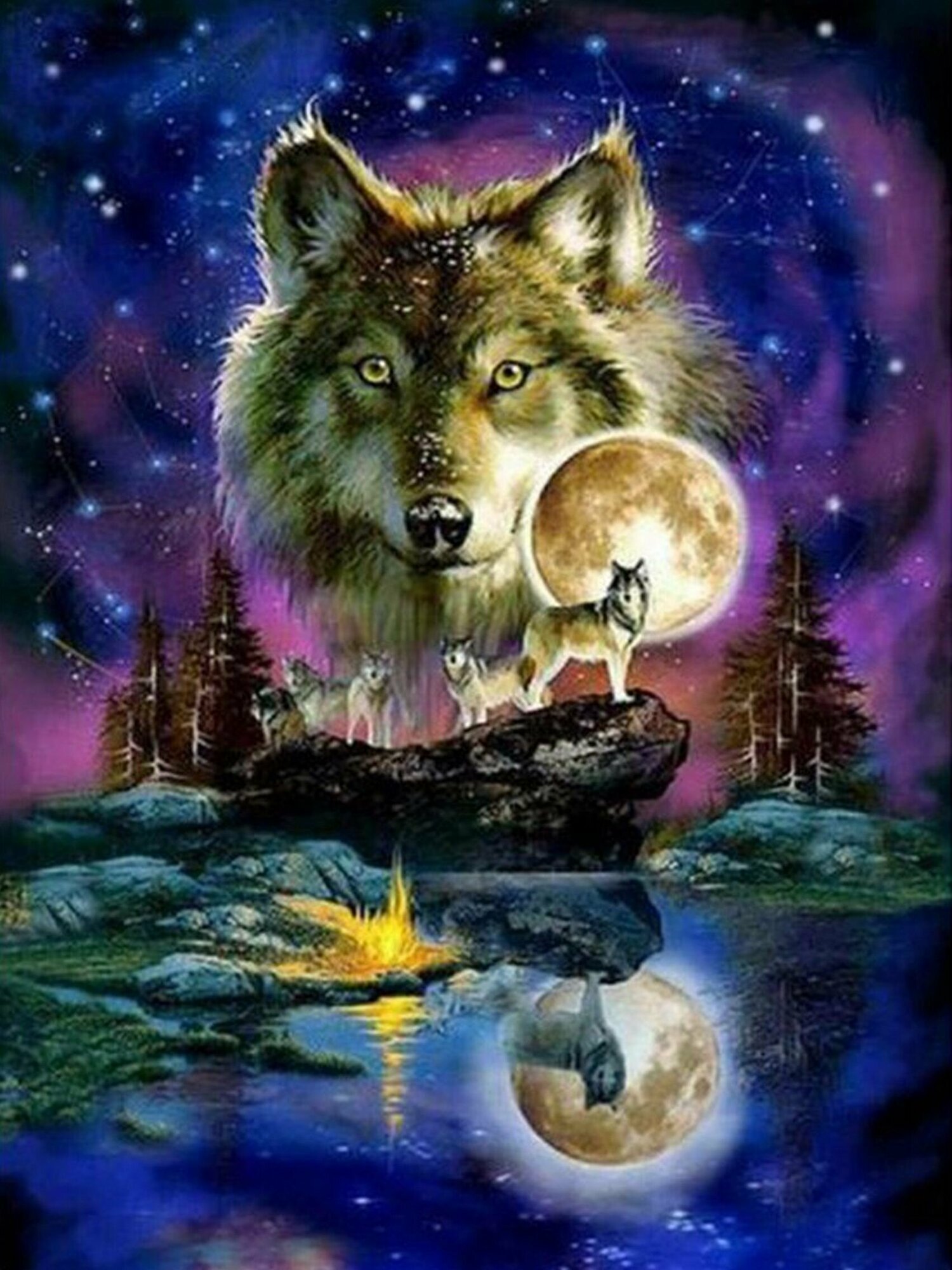 Алмазная мозаика 40х50 Волки на фоне звездного неба, реки и луны на подрамнике (картина стразами с декоративной рамкой)