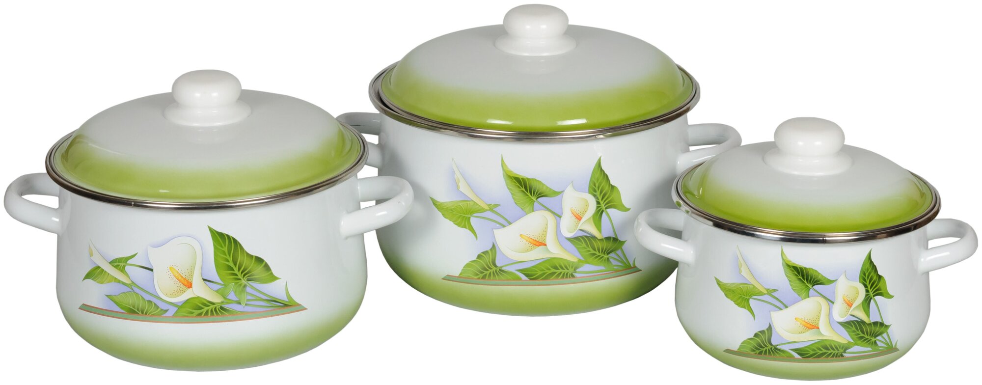 Набор кастрюль эмалиров. №408 "каллы" белосн. (2 + 4 + 5,5 Л) "стальэмаль" 1С408