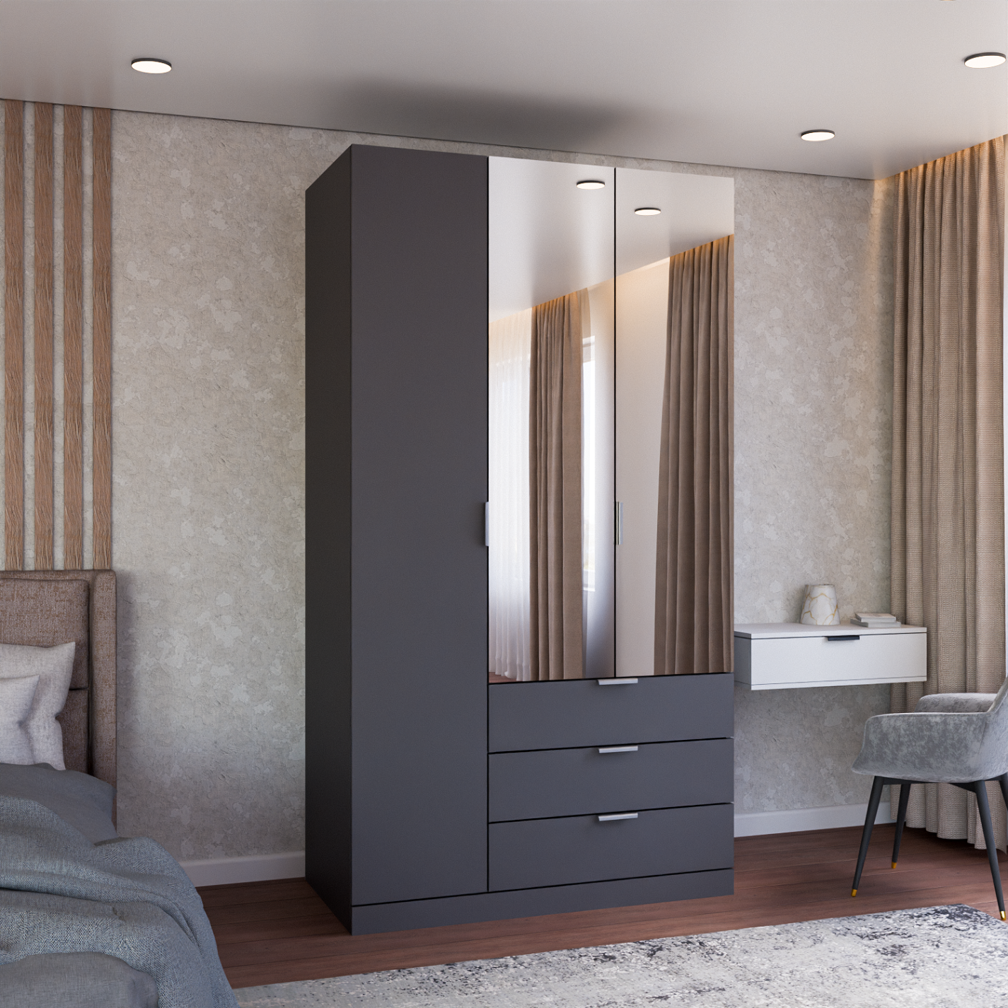 Шкаф распашной Мори с зеркалами | ЛДСП Графит