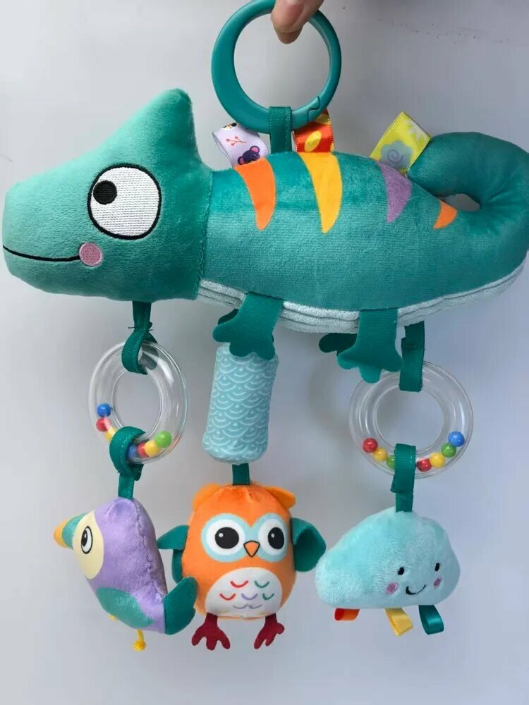 Погремушка для новорожденного 0+ мягкая с прорезывателем. Подвесная игрушка Синий динозавр для малышей на кроватку коляску. Развивающие игрушки от 0, 6 месяцев до года