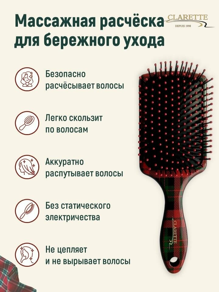 Расческа для волос массажная квадратная лопата принт шотландка