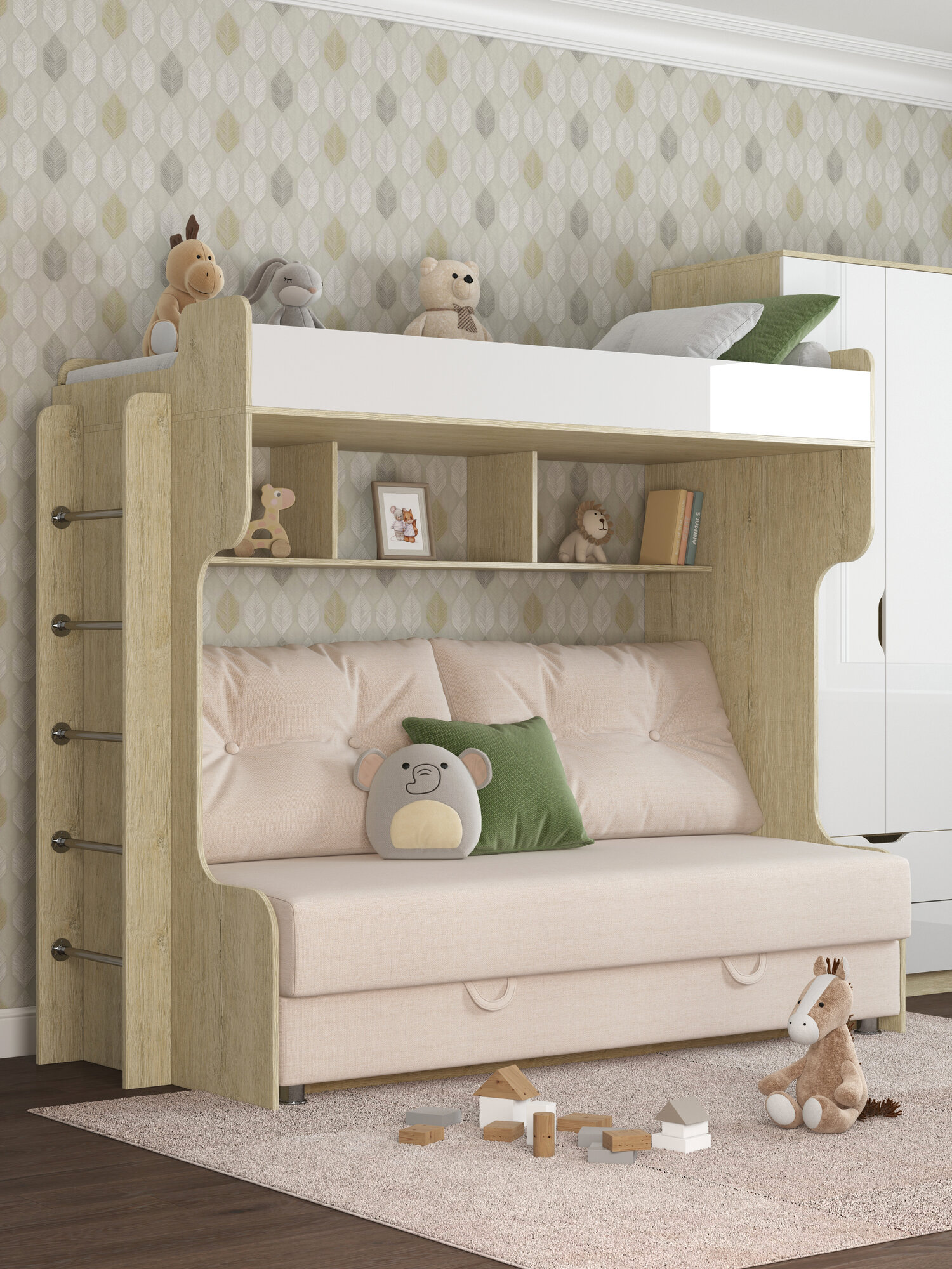 Есэндвич Альпика Кровать двухъярусная с диваном (Пикард/Белый Глянец/Savana Plus Ivory) 205х104х180 см