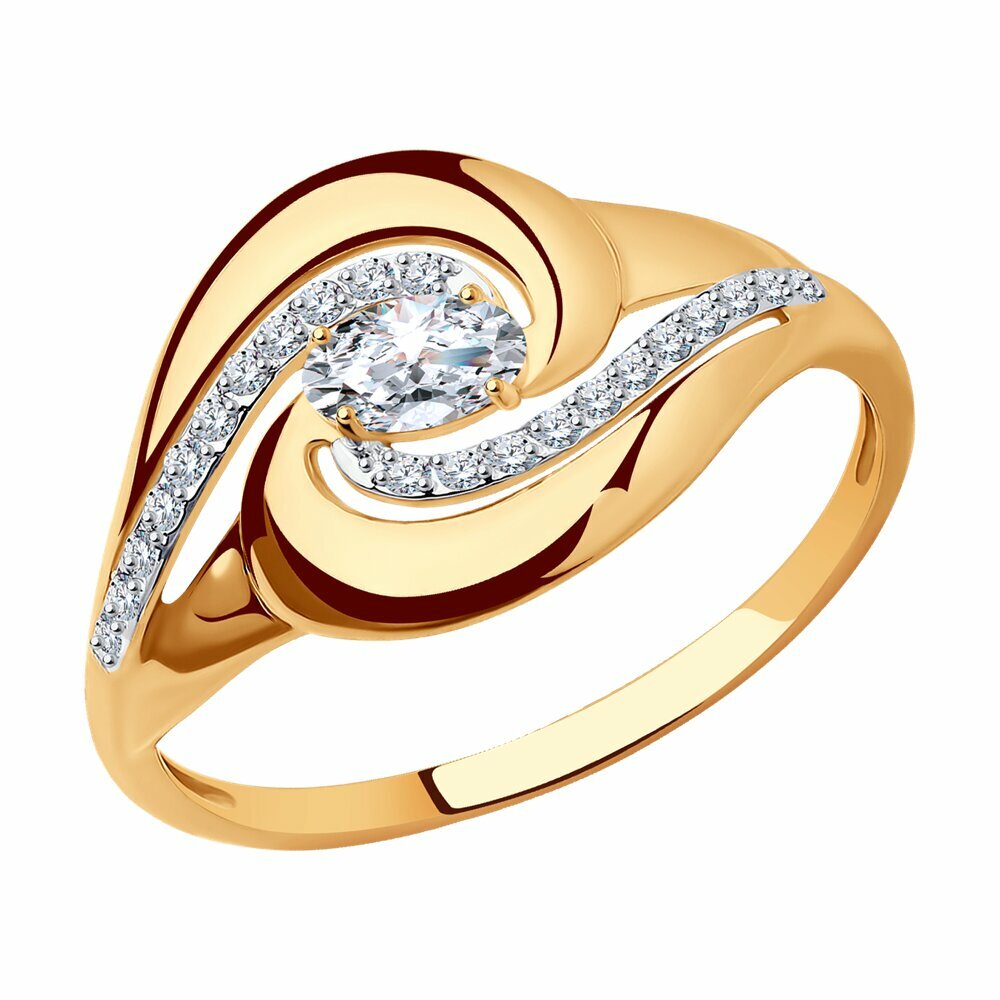 Кольцо, серебро, 925 проба, золочение, фианит