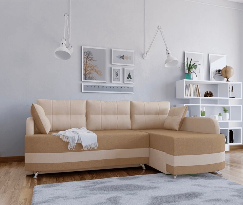 Диван угловой DiHall "Сакура", Еврокнижка, велюр, бежевый, 217x163x84 см