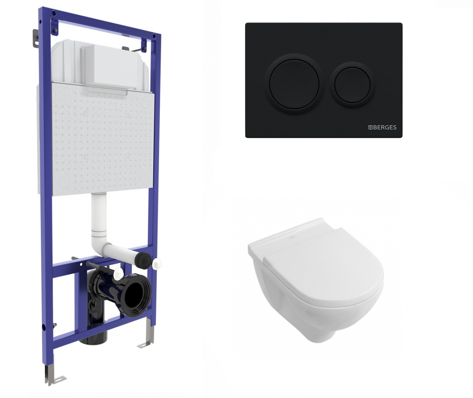 Комплект 3 в 1 инсталляция Berges Novum O5 + Унитаз подвесной Villeroy & Boch O Novo Directflush с кнопкой черной