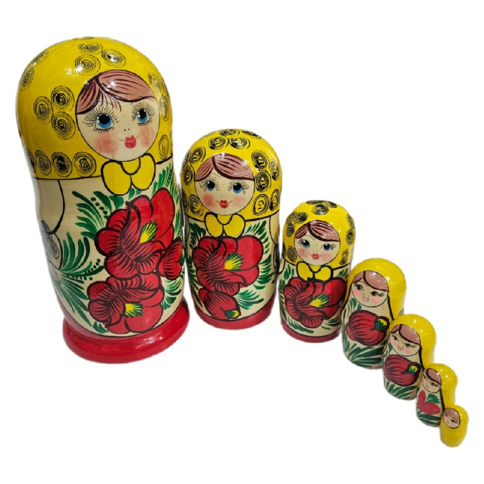 Матрешка деревянная "Красные бутоны" (7 мест, 19 см)