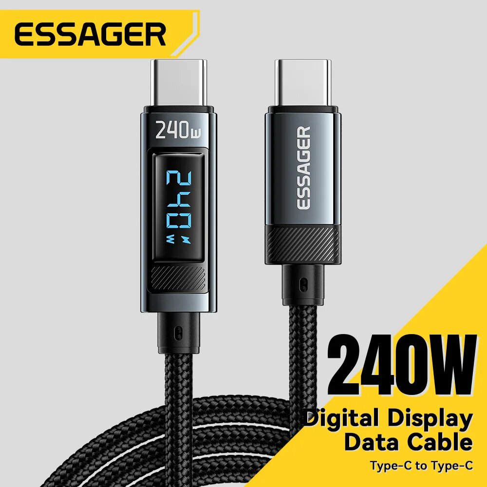 Essager 240 Вт Кабель USB Type C — USB C 2 М Быстрая Зарядка С PD 3.1 100 Вт Для MacBook Pro Xiaomi Samsung Ноутбук — Плетена.