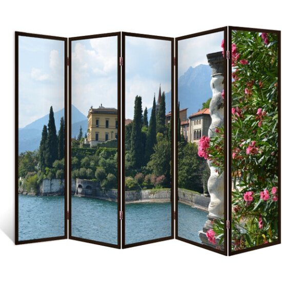 Ширма перегородка Декор Депо для комнаты деревянная "Озеро Гарда" двухсторонняя с картинкой (города) 5 створок венге 176х230 см 18 кг