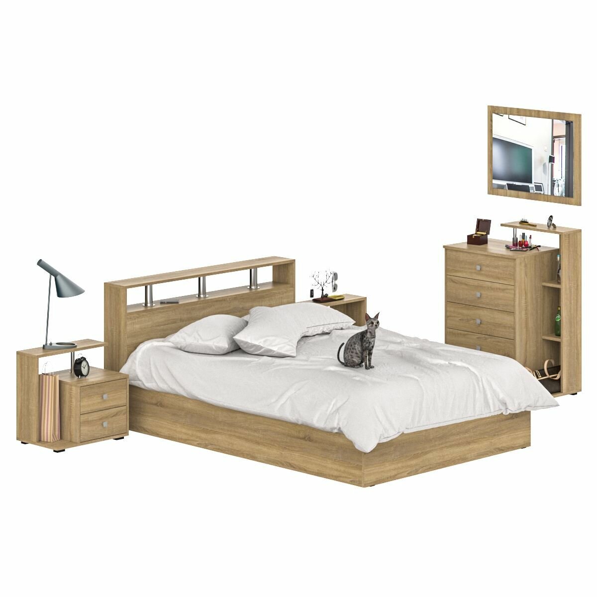 Спальный гарнитур СВК Камелия № 5, в комплекте кровать 140х200 см + две тумбы + комод + зеркало, цвет дуб сонома, с основанием