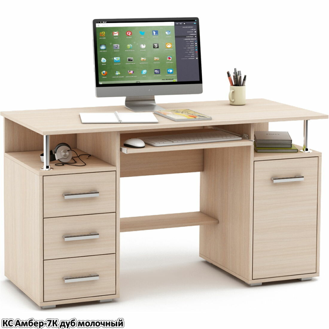 Компьютерный стол Амбер-7К Дуб-молочный, ЛДСП, МФ Владимир VMF, 130х74,6х60 см.