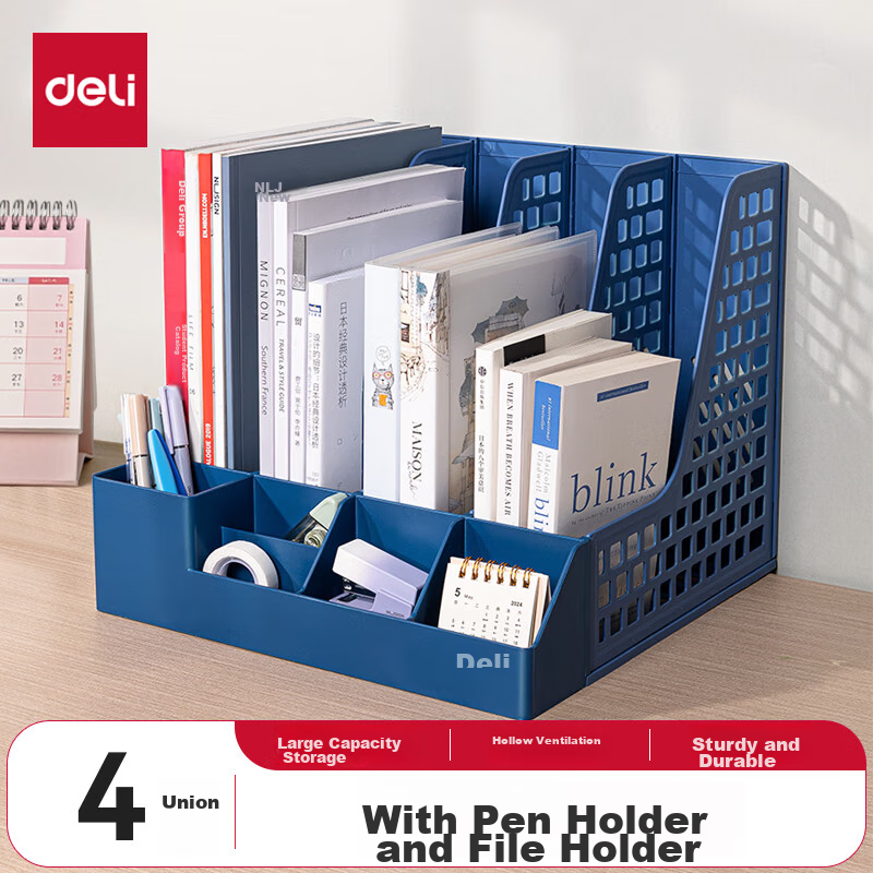 Deli 4-Section Multi-Functional Desktop File Organizer with Pen Holder, Document Tray, File Basket, Bookend Rack, Office Supplies Multi-Layer File Storage Shelf, Document Holder, Hollow Blue