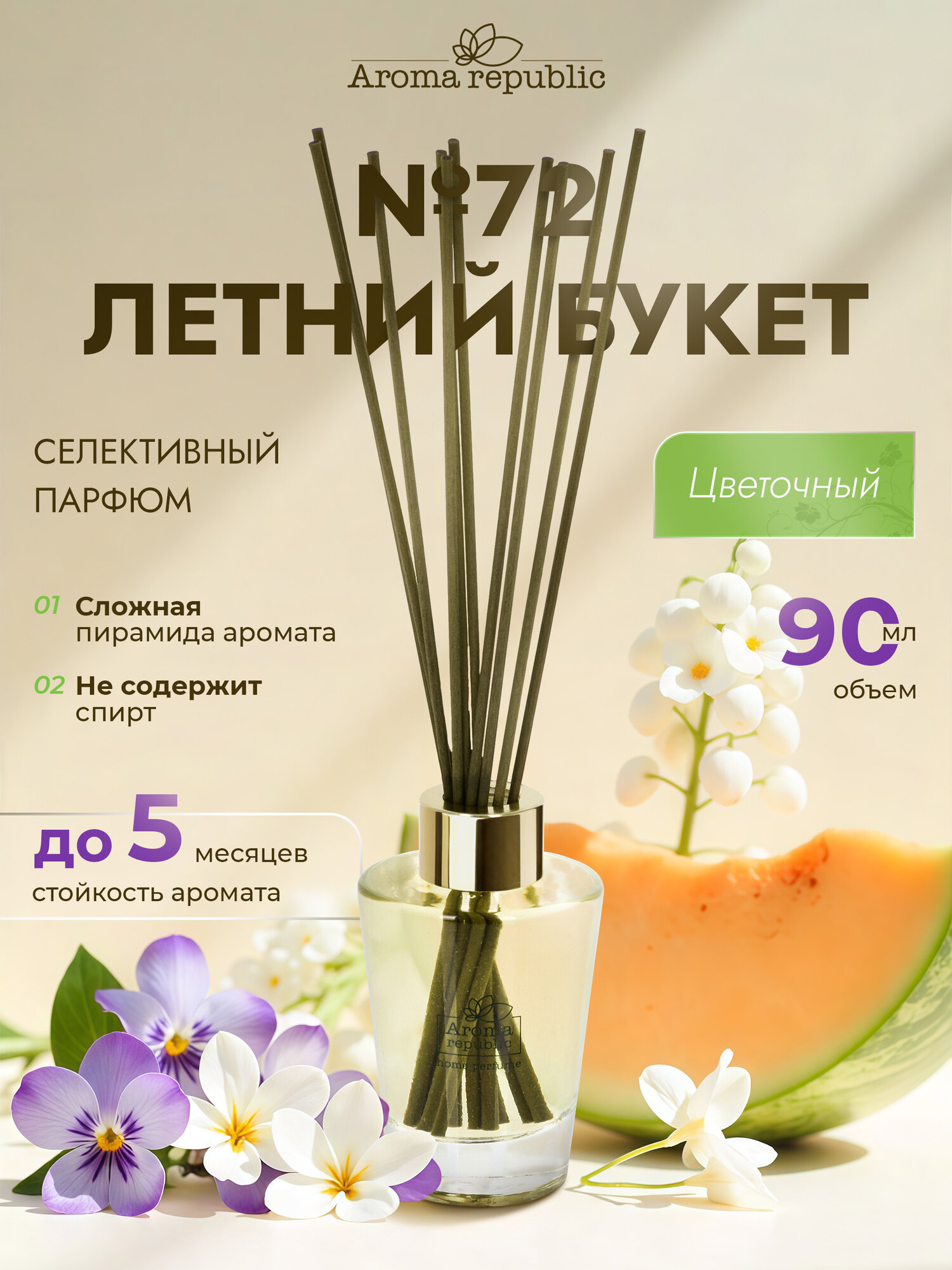 Ароматический диффузор в стеклянном флаконе 90 мл,"№72 Summer bouquet", "AROMA REPUBLIC"