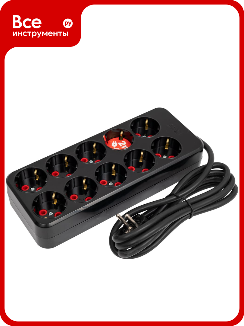 10-местный удлинитель AY-KA 2м, 16А, 250В, с заземлением, черный, ПВС 3x1,5 мм 7901002