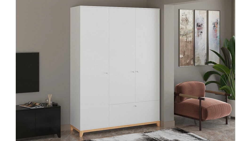 Распашной шкаф Хелен 43 Белый Фасадный 0101 PE / Бук Бавария 0381 PR NEW 150x50x210 см, Дом мебели для вас