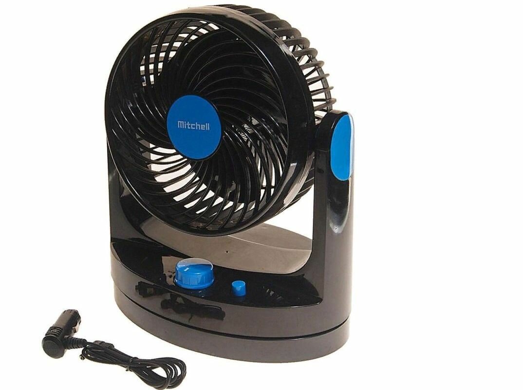 Вентилятор HX-507 18см (7") 12V (5/6W) 2-скорости, автовращение, с регулируемыми углами обдува black/blue MITCHELL NEW